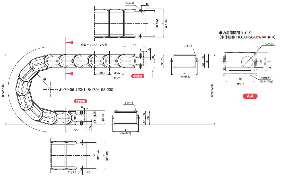 TKA38H26-60W103R70 詳細情報 - ケーブルベヤ プラシリーズ TKA形 - つばき産業用機械製品 情報サイト